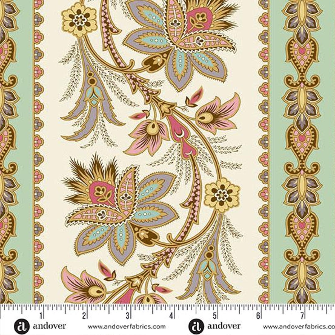 Ornate, Jacobean, Floral Border Stripe, Fabric, Green, Beige, Multi ...