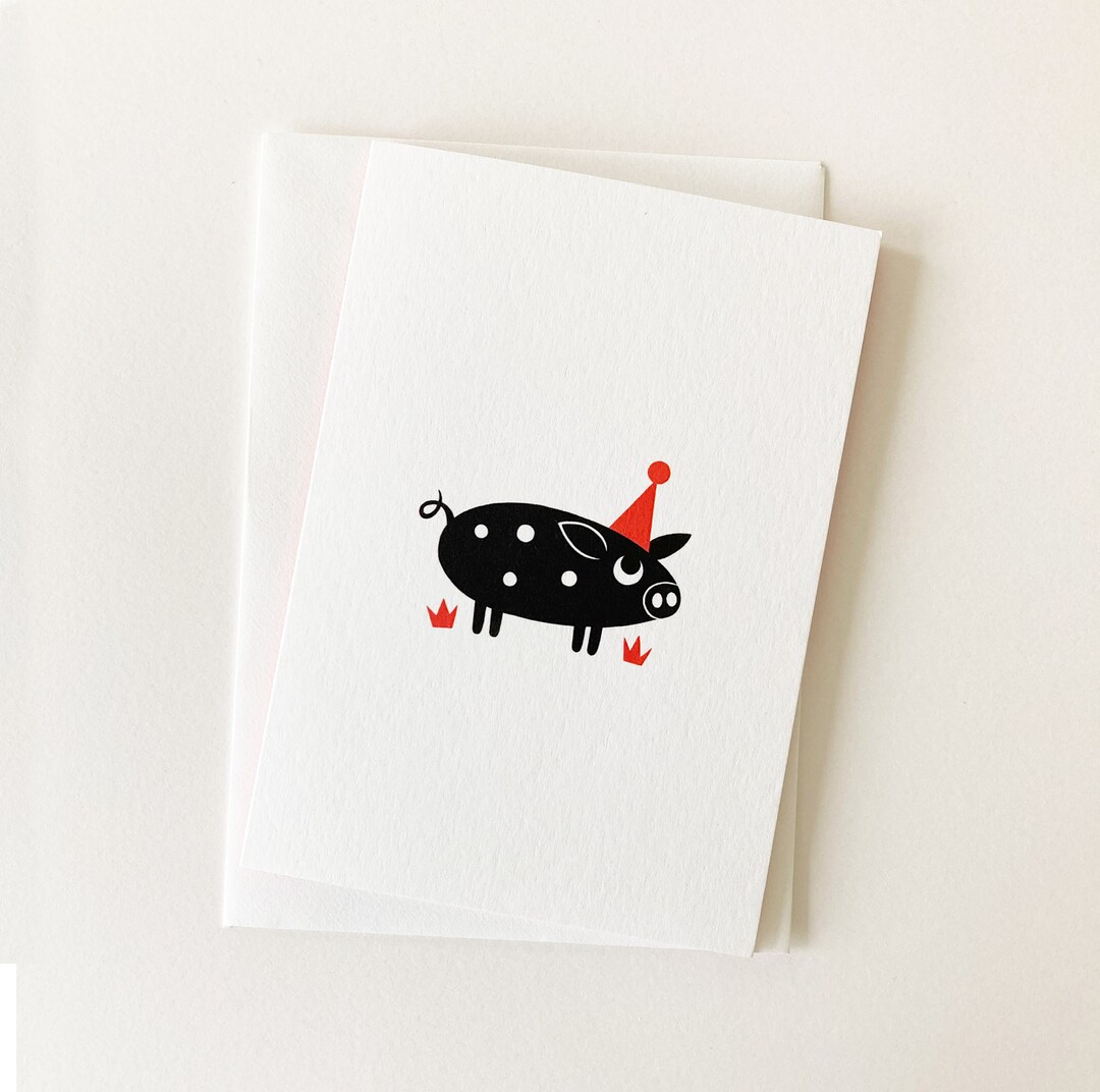 Pig in Party Hat Greetings Card, Birthday Card, Pig Card, Mid Century ...