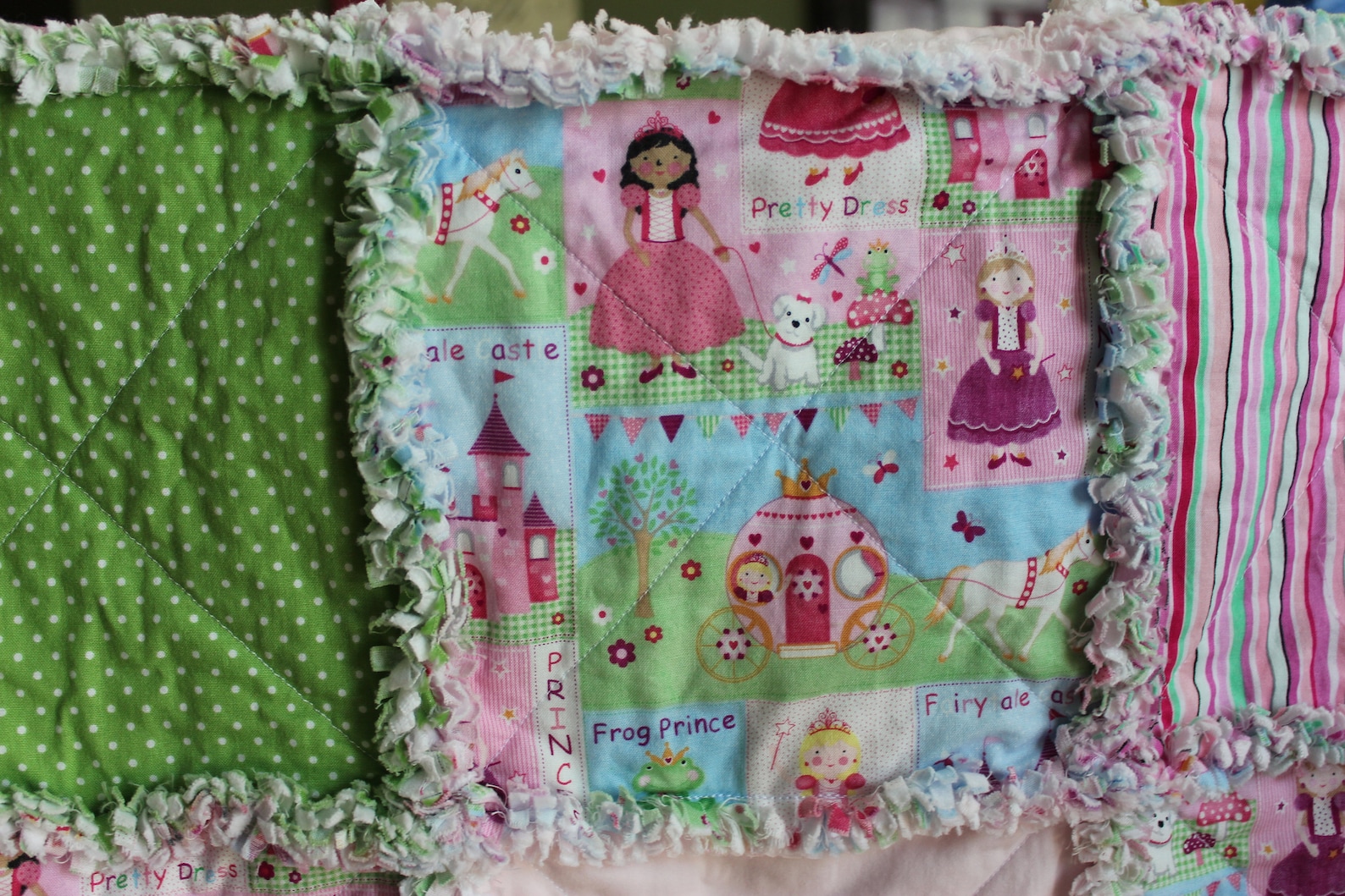 Baby Rag Quilt, Princess, Fairy Tale Castle; Pink, Green, White; 38" X ...