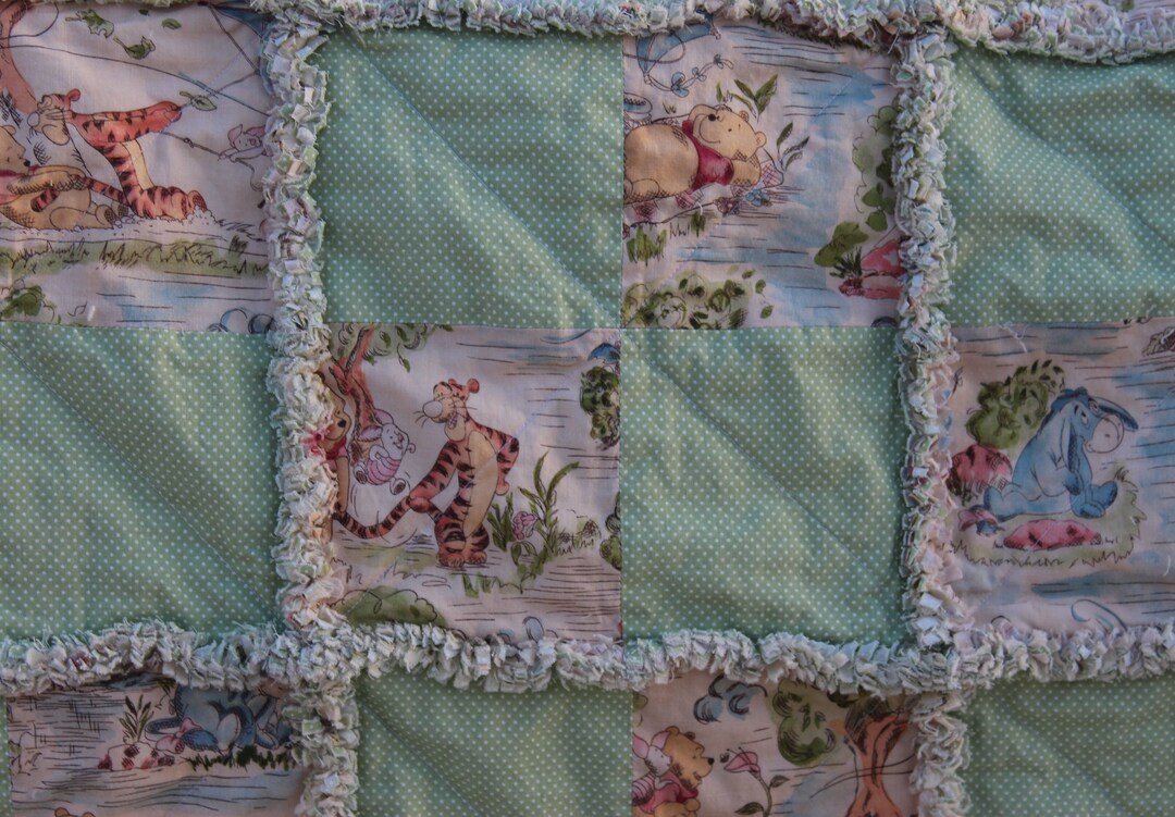 Winnie the Pooh Cream Toile Baby Rag Quilt, Sage Green Polka Dot, Crib ...