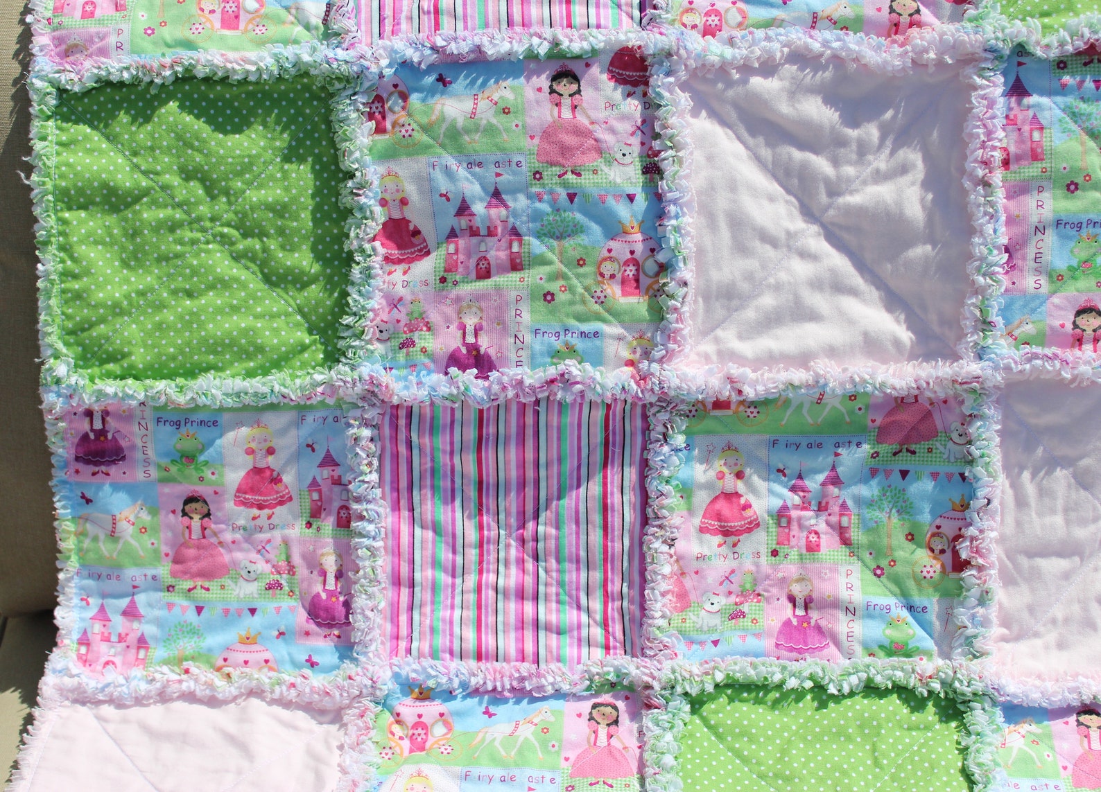 Baby Rag Quilt, Princess, Fairy Tale Castle; Pink, Green, White; 38" X ...