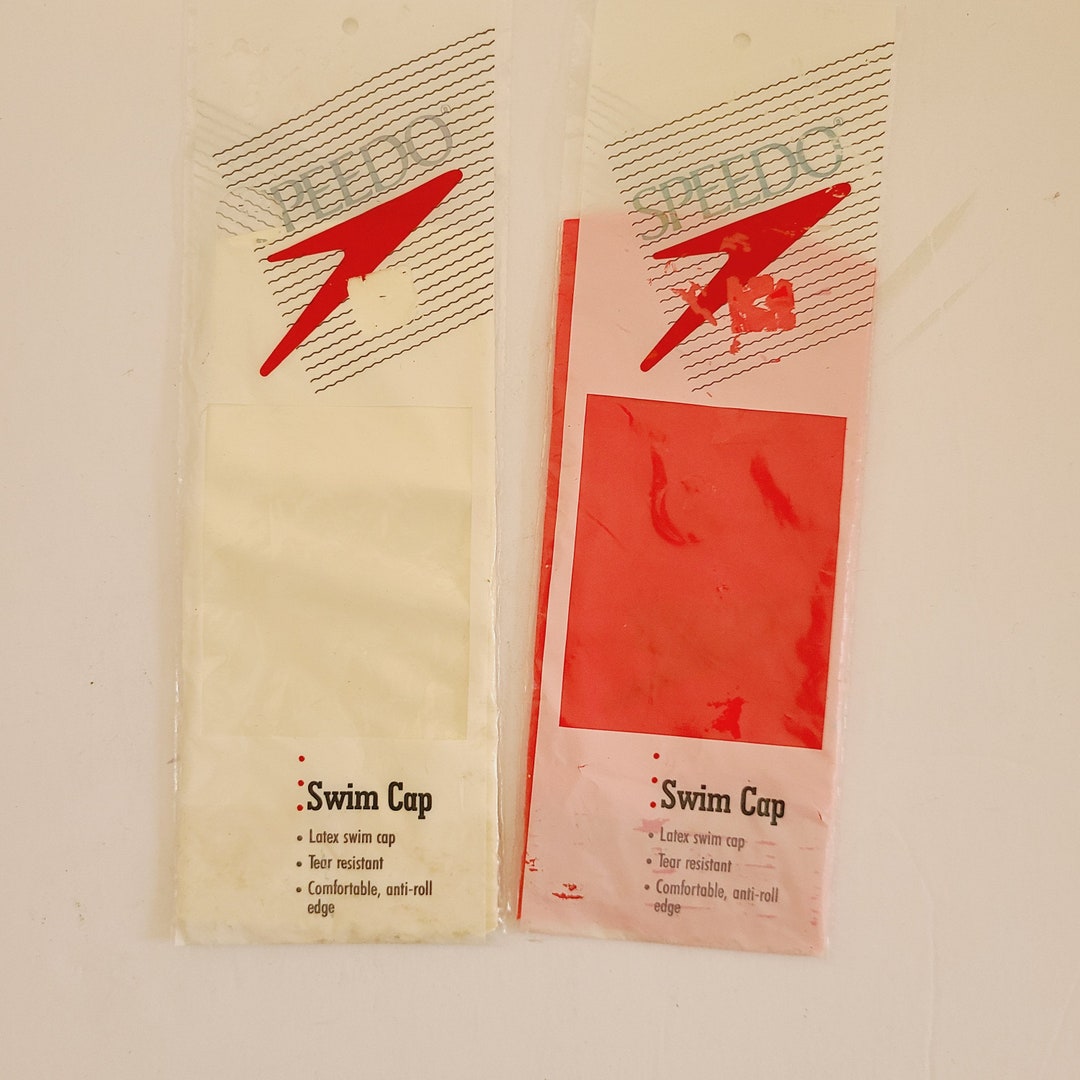 Vintage Pair of Speedo Brand Swim Caps, Red and White, Latex,tear ...