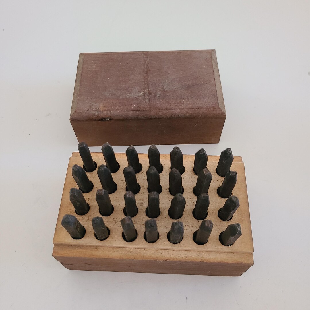 Vintage Circa 1960's Steel Alphabet Stamp Set in Wooden Box, Complete ...