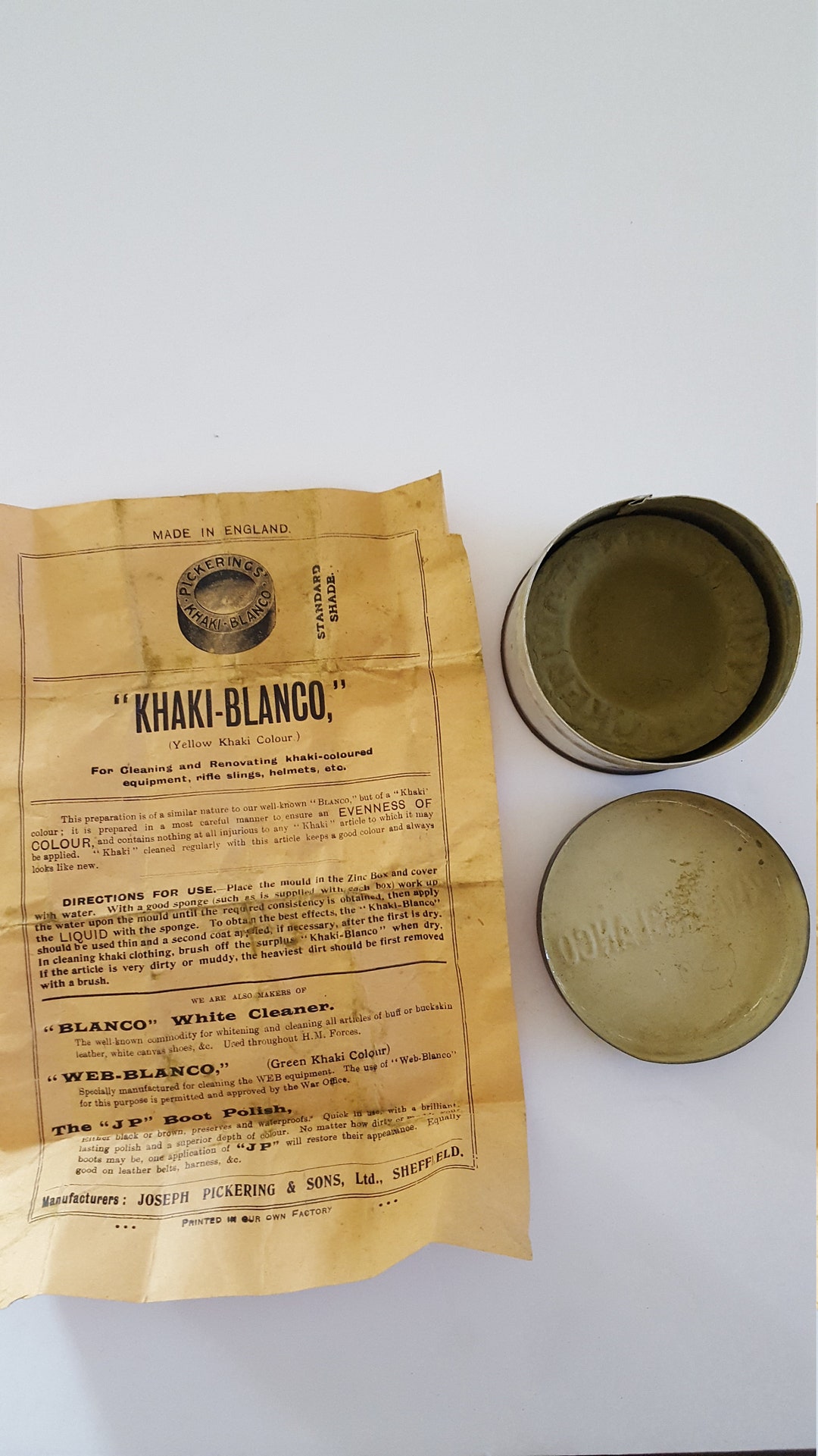 Antique circa 1900-1945 original can of Khaki-Blanco military equipment ...