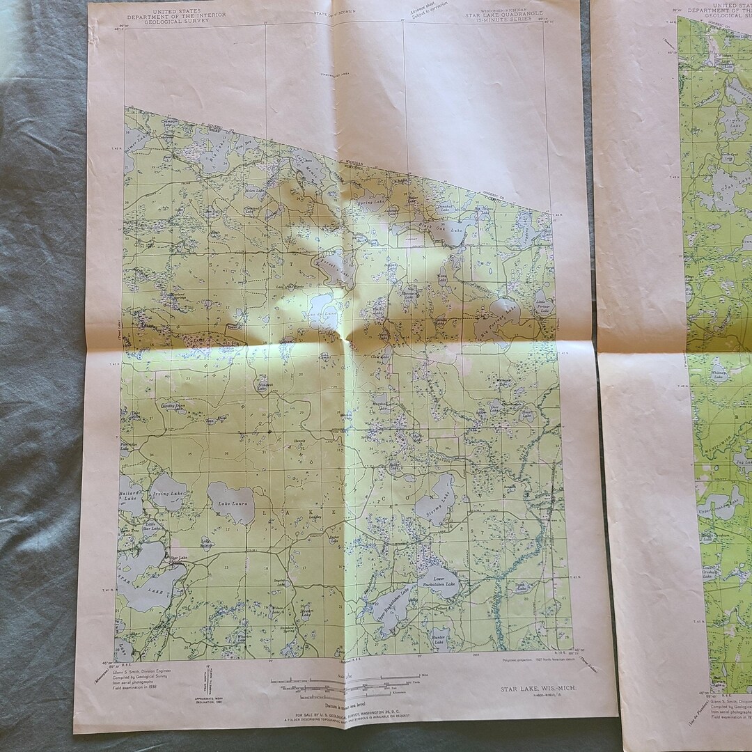 Vintage 1938 Geological Survey Maps: Trout & Star Lake, WI/MI - Lot of ...