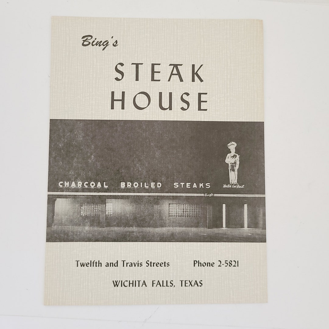 Vintage Circa 1950's Excellent Condition Menu From Bing's Steak House ...