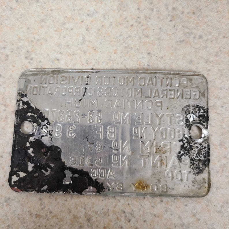 Vintage 1953 Pontiac Data Plate for a 2 Door Chieftan Deluxe Stardust ...