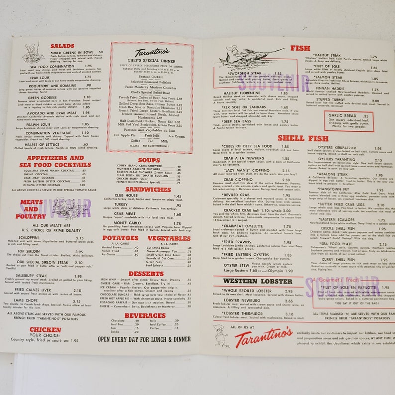 Vintage 1950s Tarantino's Restaurant Menu, Fisherman's Wharf San ...