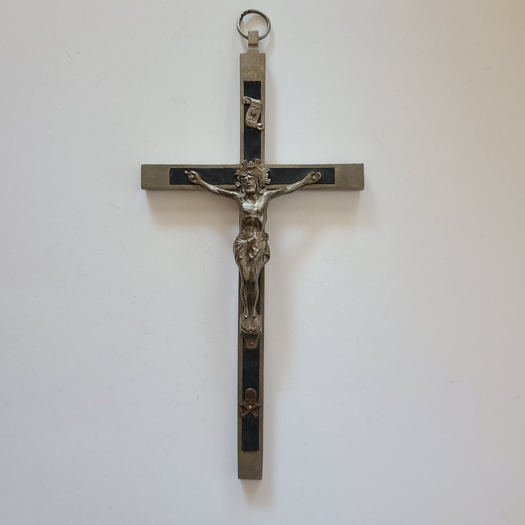 Antique Large Golgotha Crucifix,1880's All Metal With Ebony Wood, Skull ...