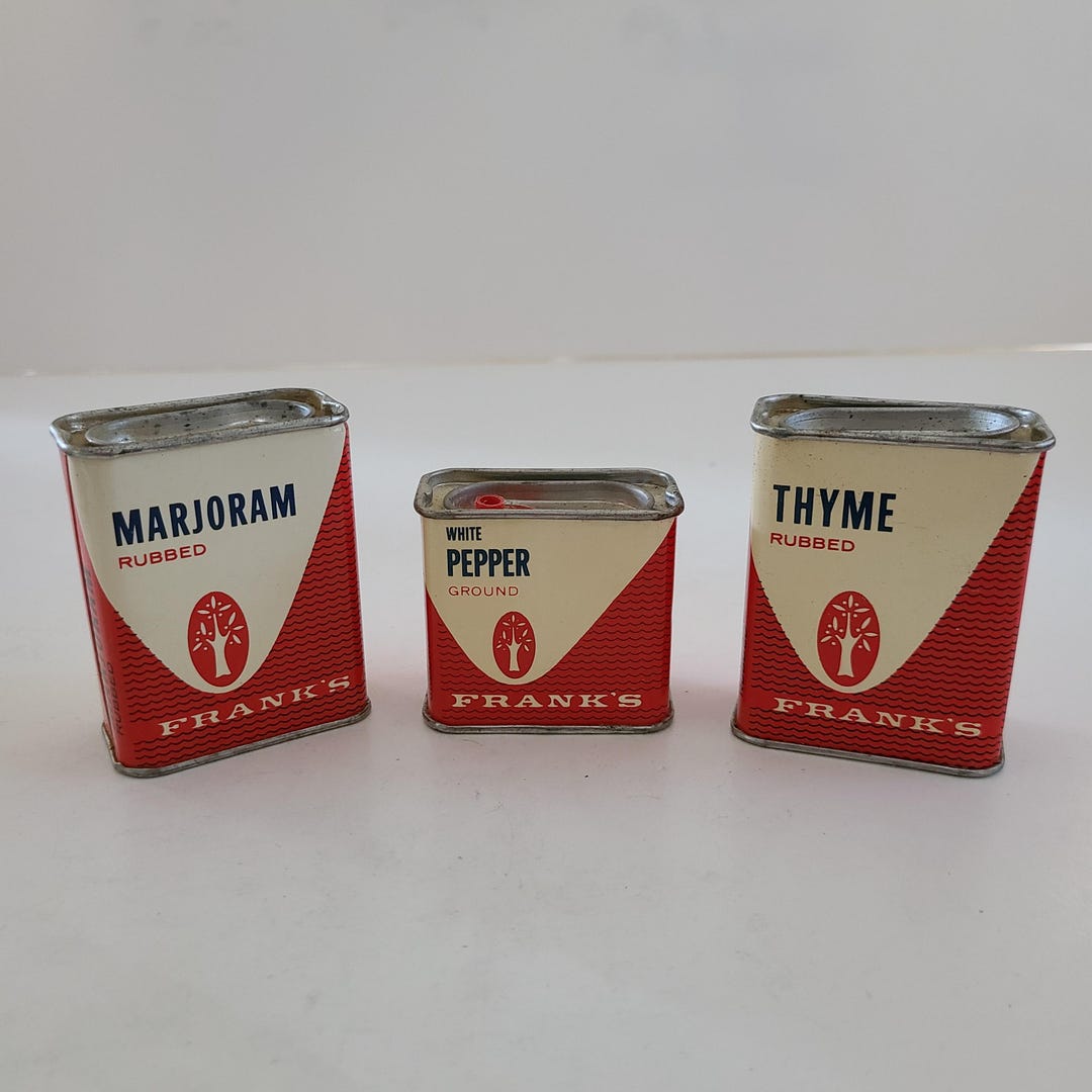 Vintage Frank's Spice Tins: 1960s Kitchen Display - Thyme, Marjoram ...