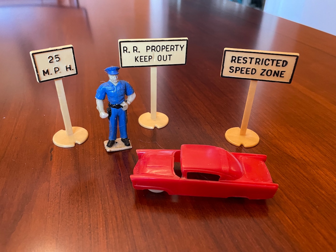 3 Plasticville Traffic Signs, F&F Molds Red Plastic Toy Car, and ...