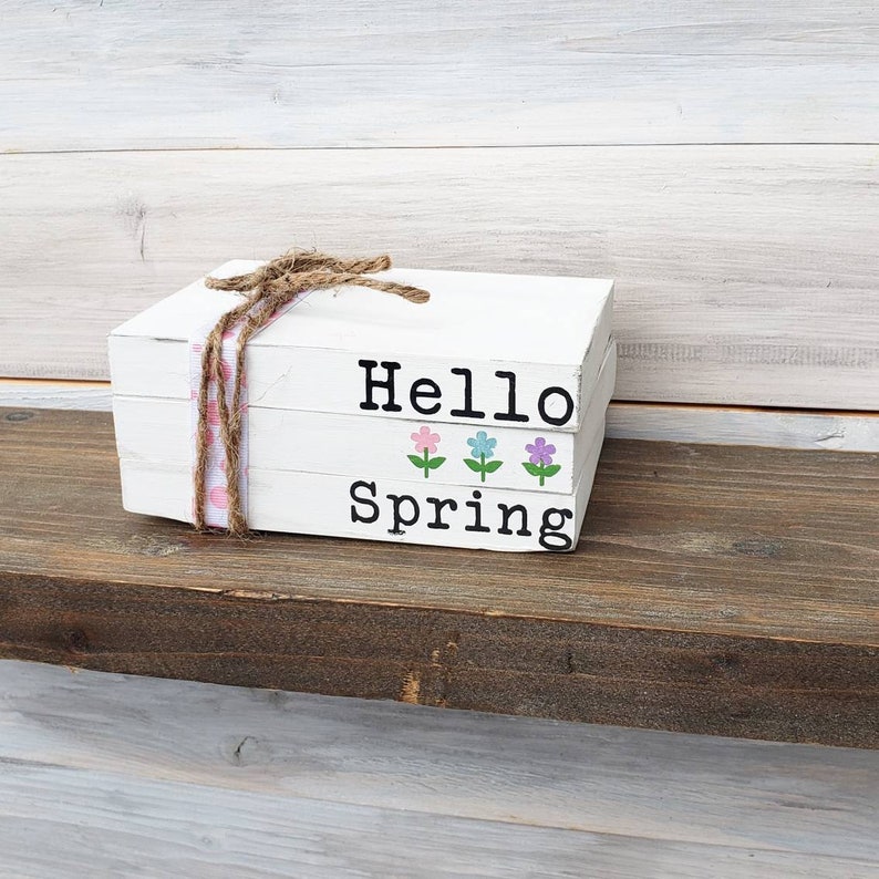 Hello Spring Book Stack Easter Wooden Book Shelf Décor Hello - Etsy