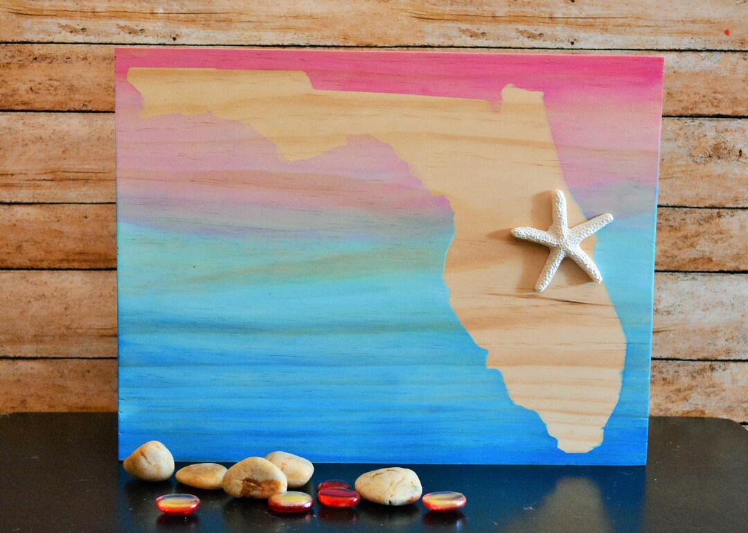 Sunset and Water Hand Stained Florida State Wood Sign With Starfish ...