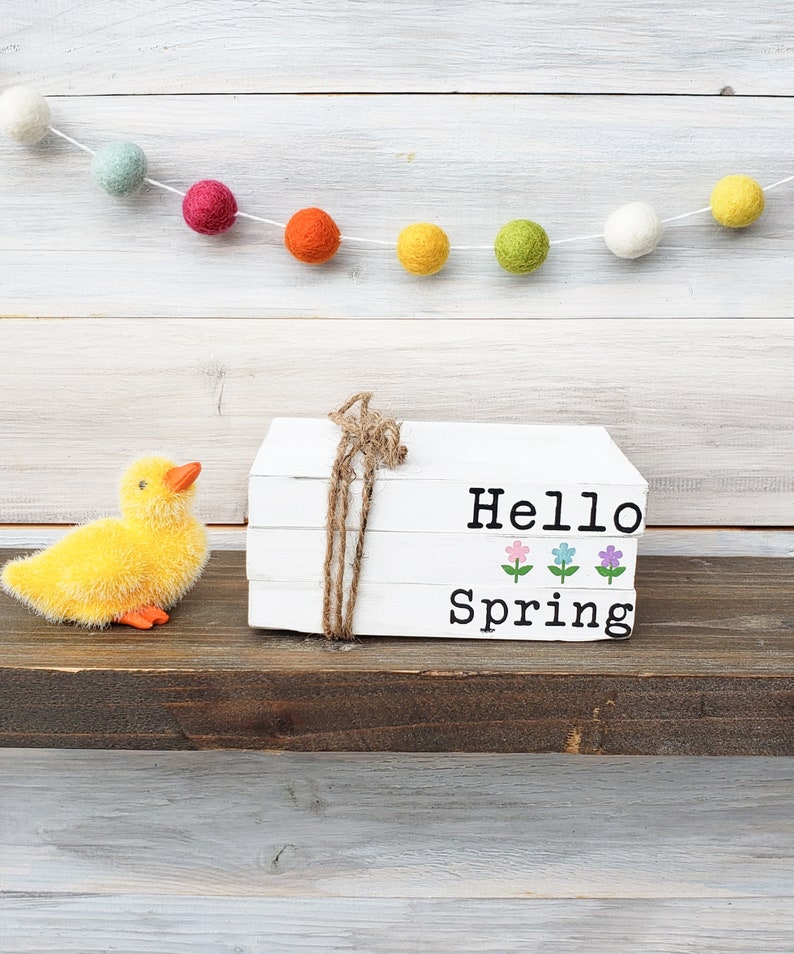Hello Spring Book Stack Easter Wooden Book Shelf Décor Hello - Etsy