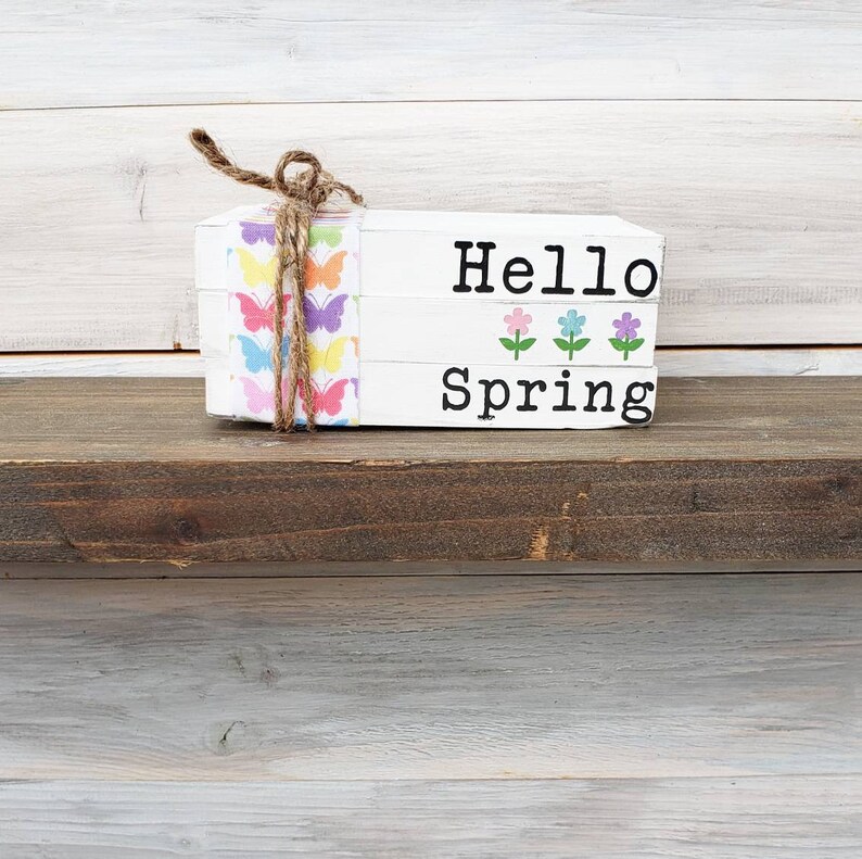 Hello Spring Book Stack Easter Wooden Book Shelf Décor Hello - Etsy