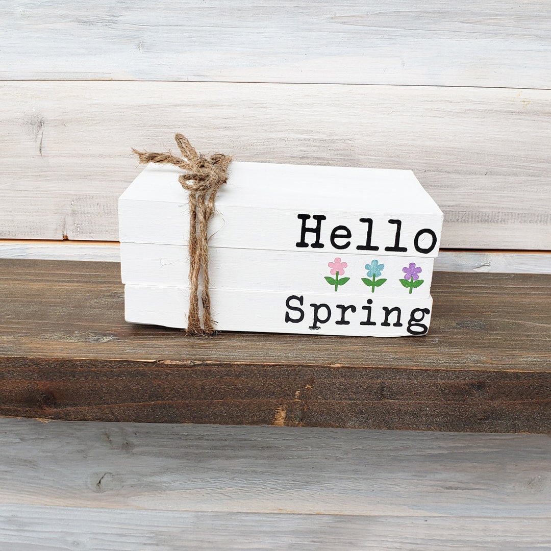 Hello Spring Book Stack, Easter Wooden Book Shelf Décor, Hello Spring ...
