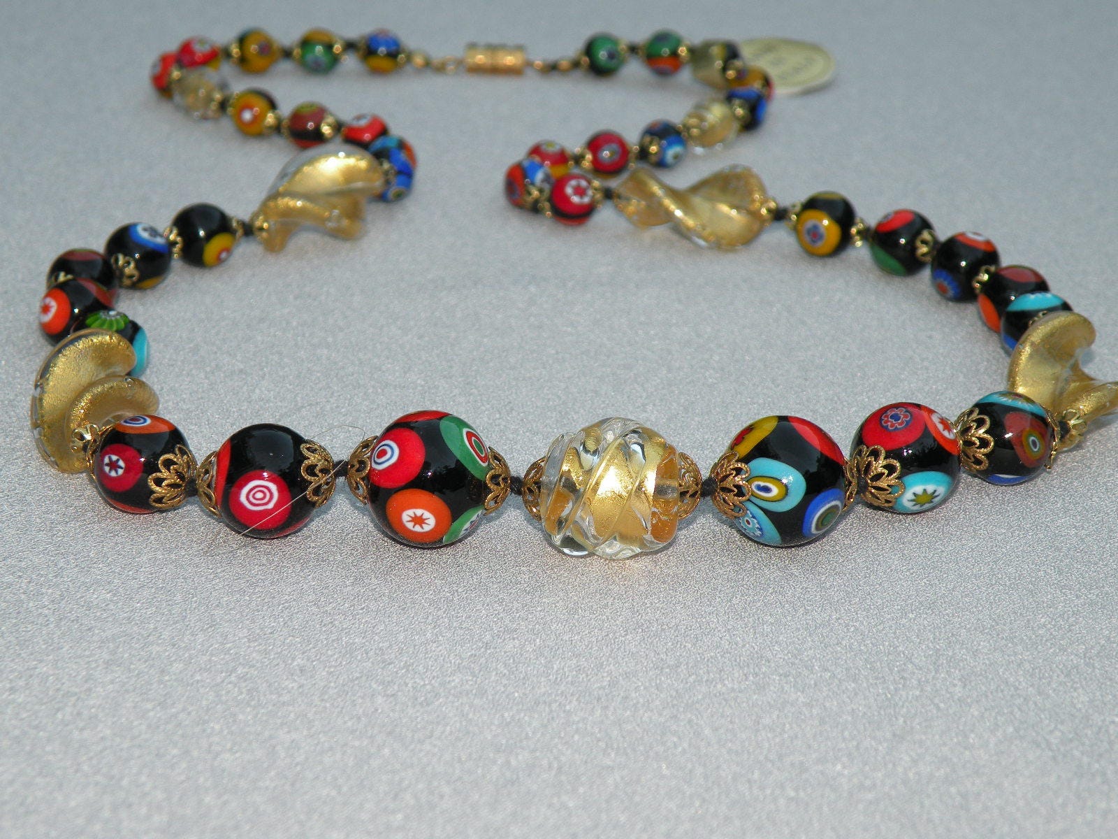 Venetian Murano Glass Millefiori Bead Necklace, Multicolored Mosaic ...