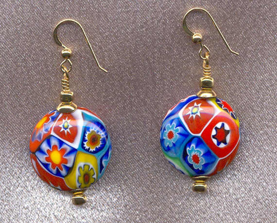 Millefiori Murano Glass Earrings, Handmade Floral Mosaic Discs - Etsy