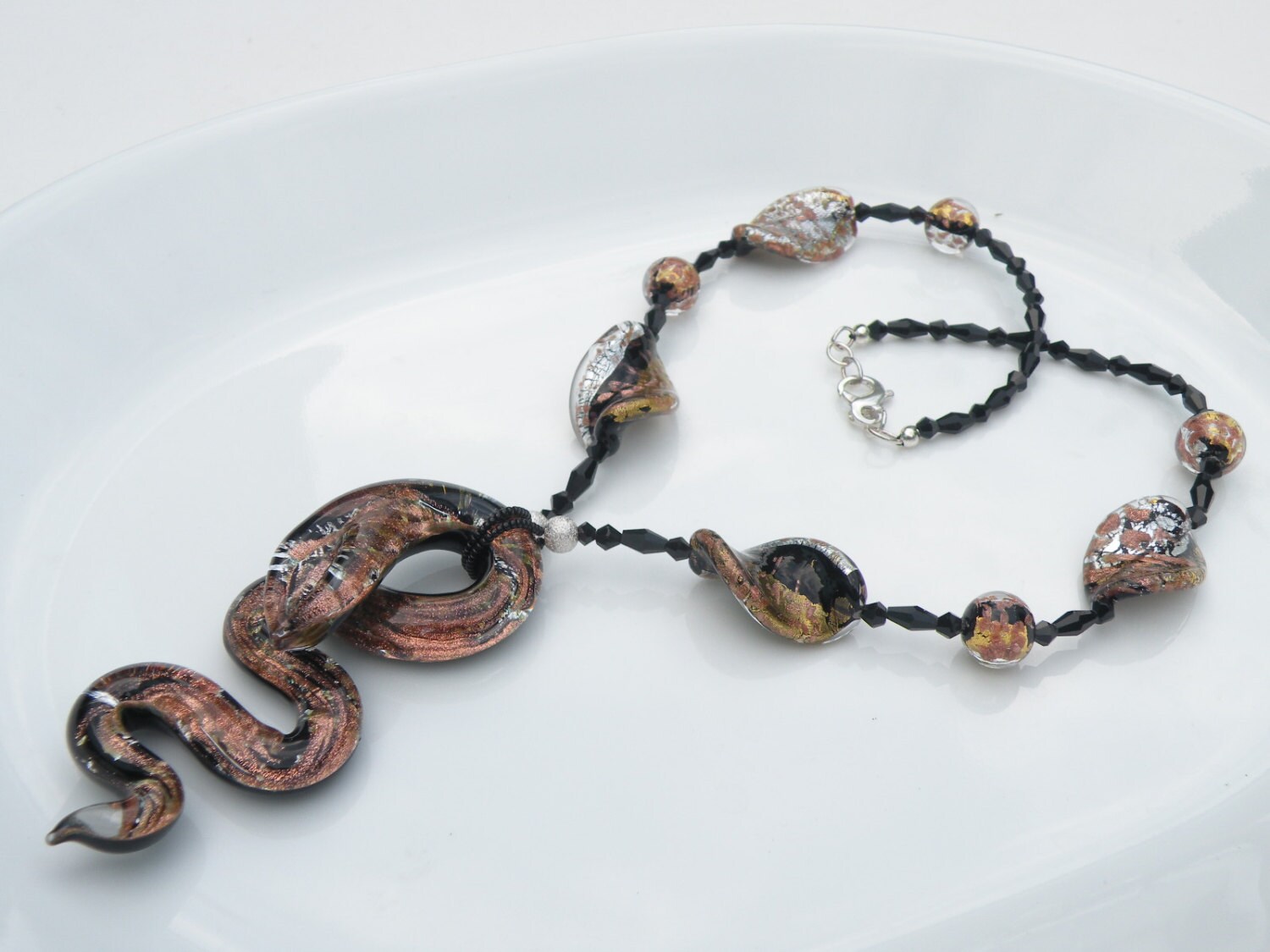 Murano Glass Snake Pendant Necklace With Large "luna" Venetian Beads ...