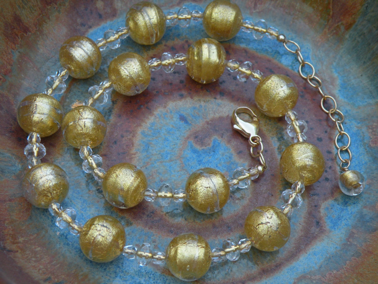 24 Karat Gold Foil, 14mm Round Venetian Beads, Crystal Clear Murano ...