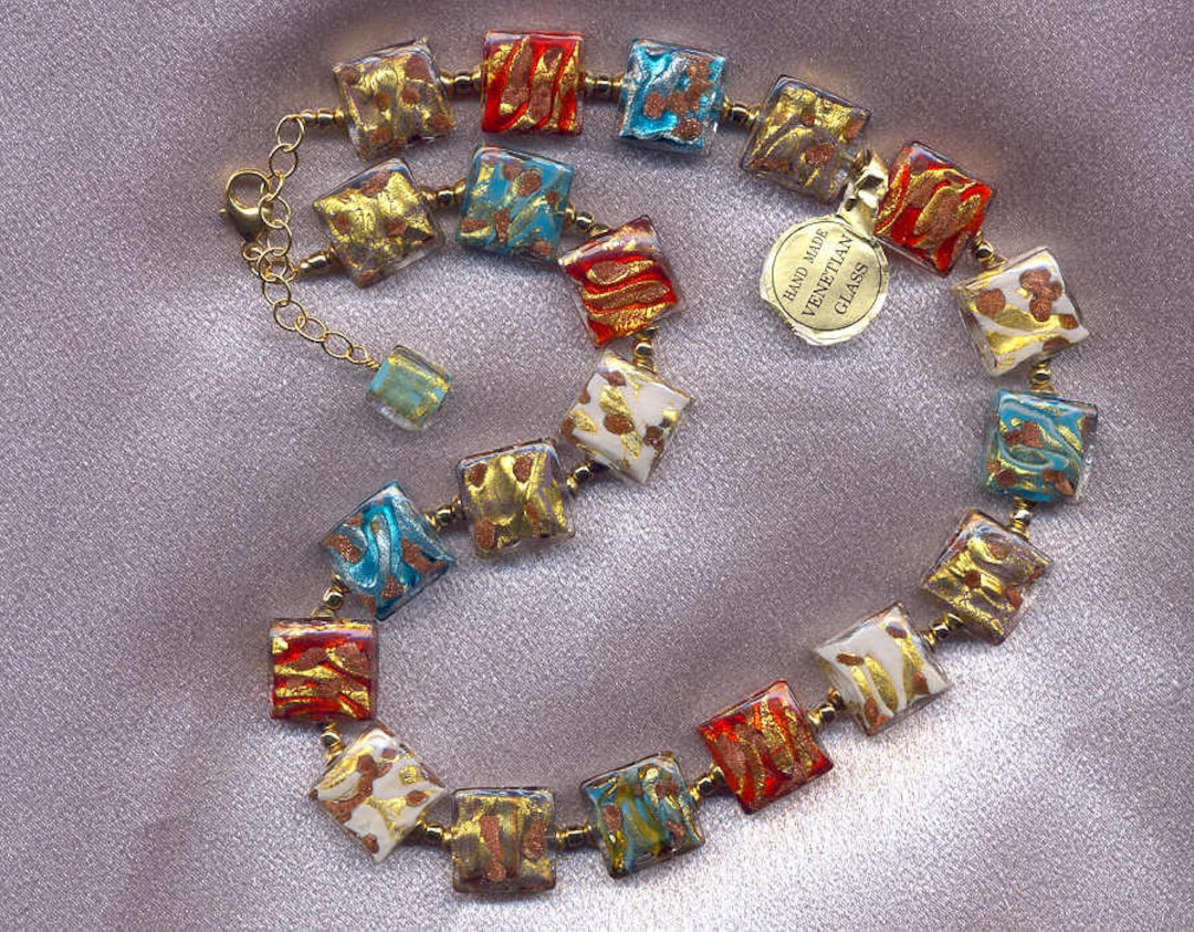 Murano Glass Necklace, 17mm Bombata Square Venetian Beads, Lampworked ...