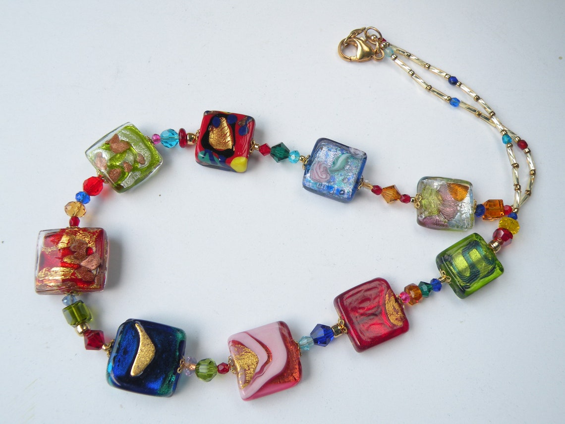 Square Shaped Venetian Bead Necklace Artistic Murano Glass | Etsy