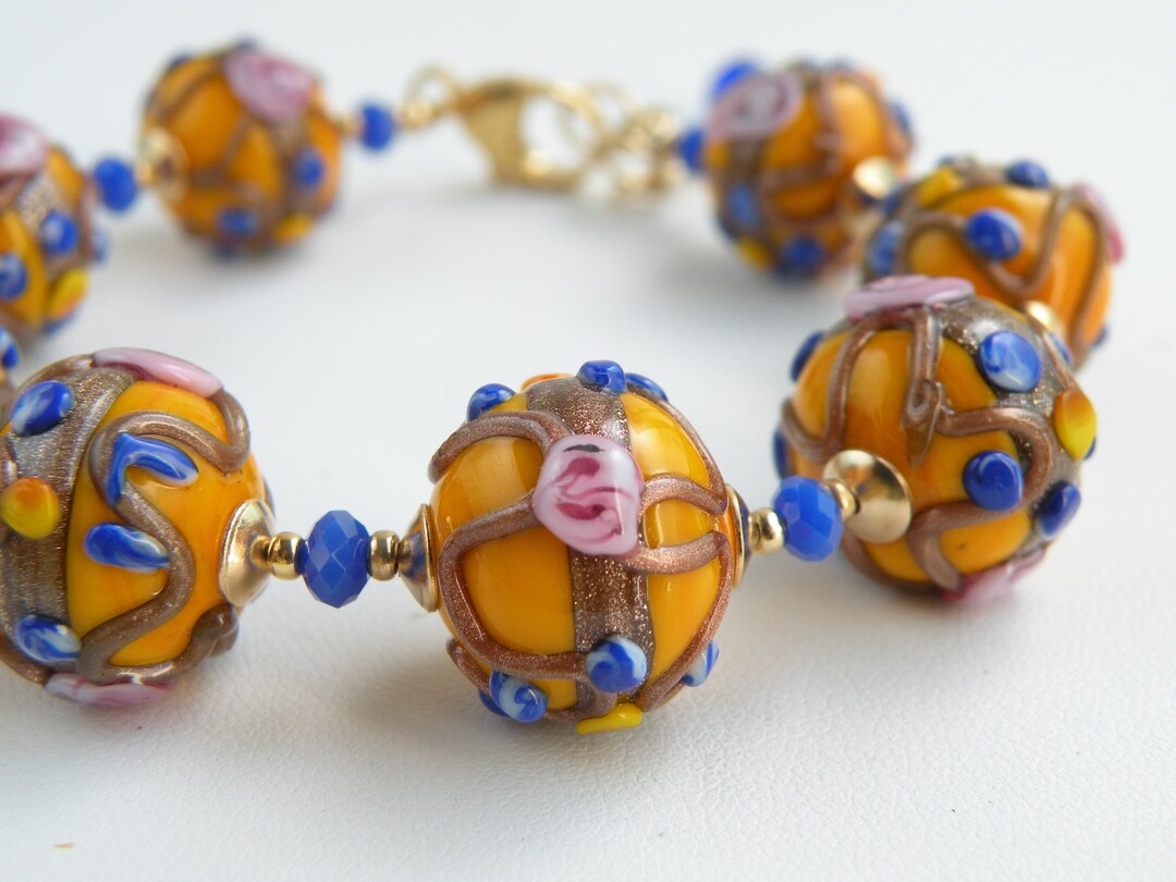 Fiorato Wedding Cake, Murano Glass Venetian Bead Bracelet, 14mm Round ...