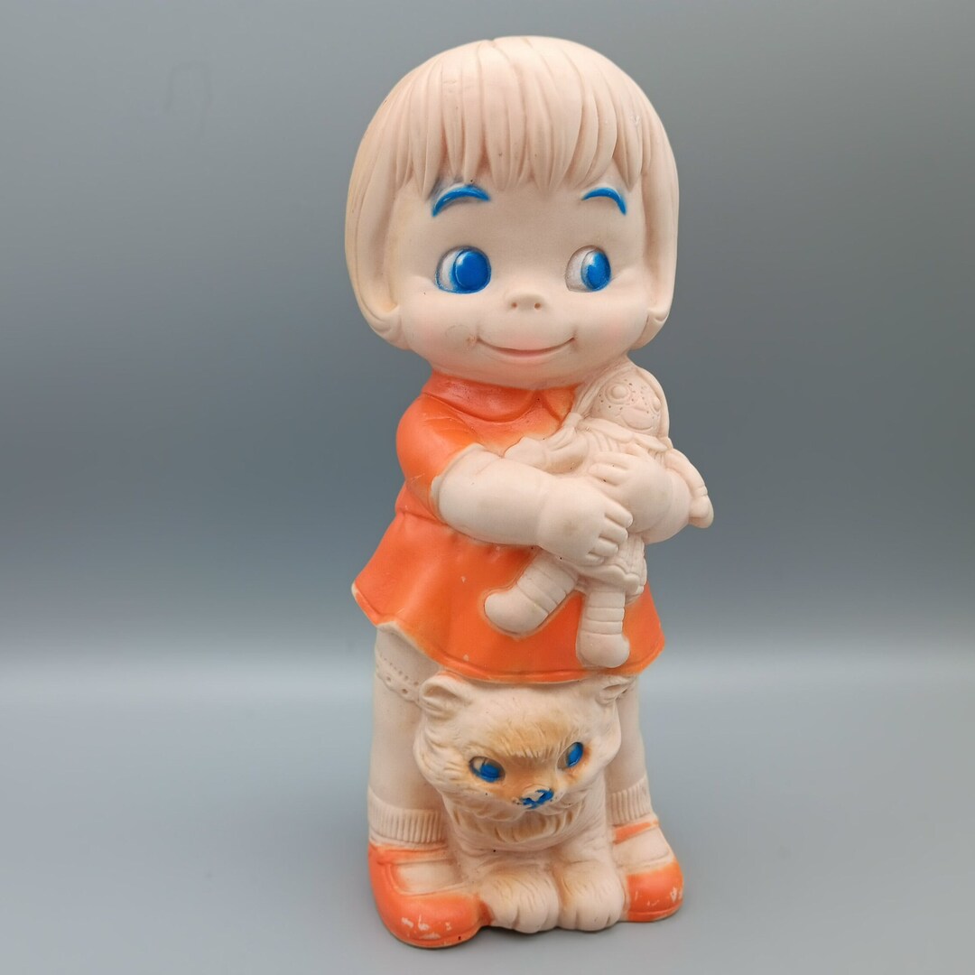 Vintage Rubber Squeaky Toy Girl With Kitten and Doll - Etsy