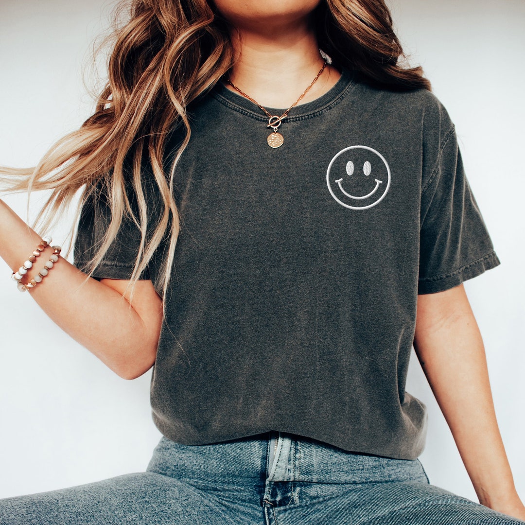 Embroidered Happy Face Outline Garment Dyed Short Sleeve Tee Positive ...