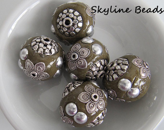 Indonesia Beads, Handmade, Olive Green Clay With Silver Embellishments ...