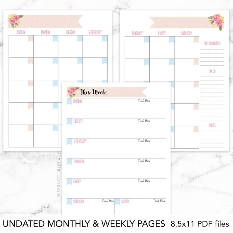 Undated Planner, Printable, Floral, Hand Lettered, Digital Download ...