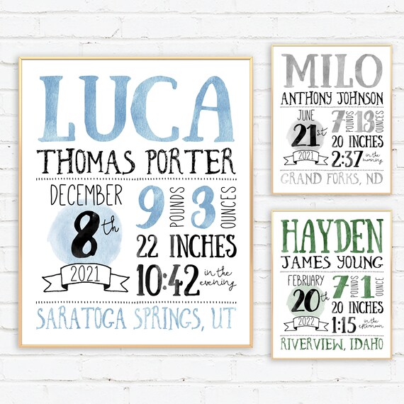 Baby Boy Birth Announcement Birth Stats Printable Hand | Etsy