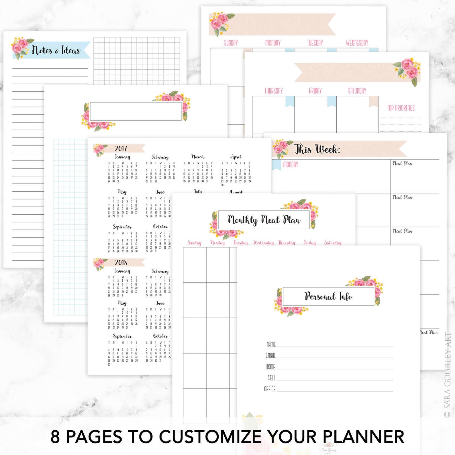 Undated Planner, Printable, Floral, Hand Lettered, Digital Download ...