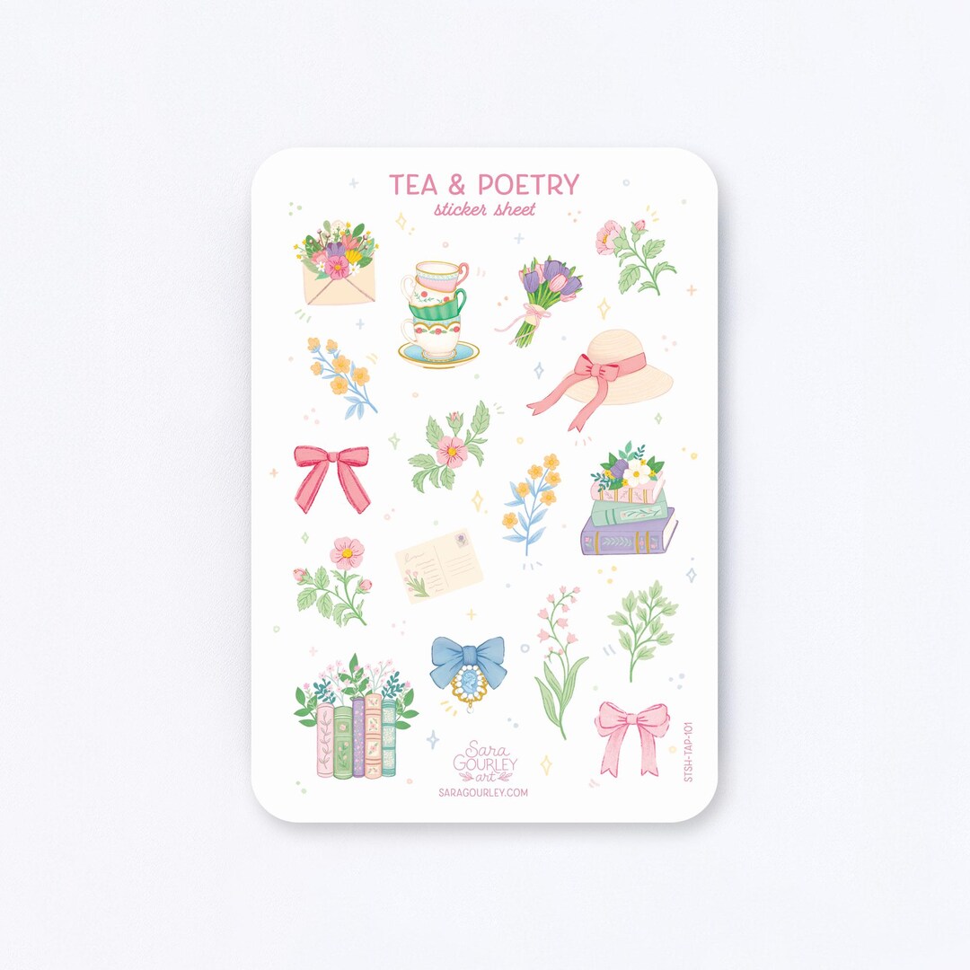 Tea & Poetry Sticker Sheet | Romantic Hand Drawn Stickers, Coquette ...