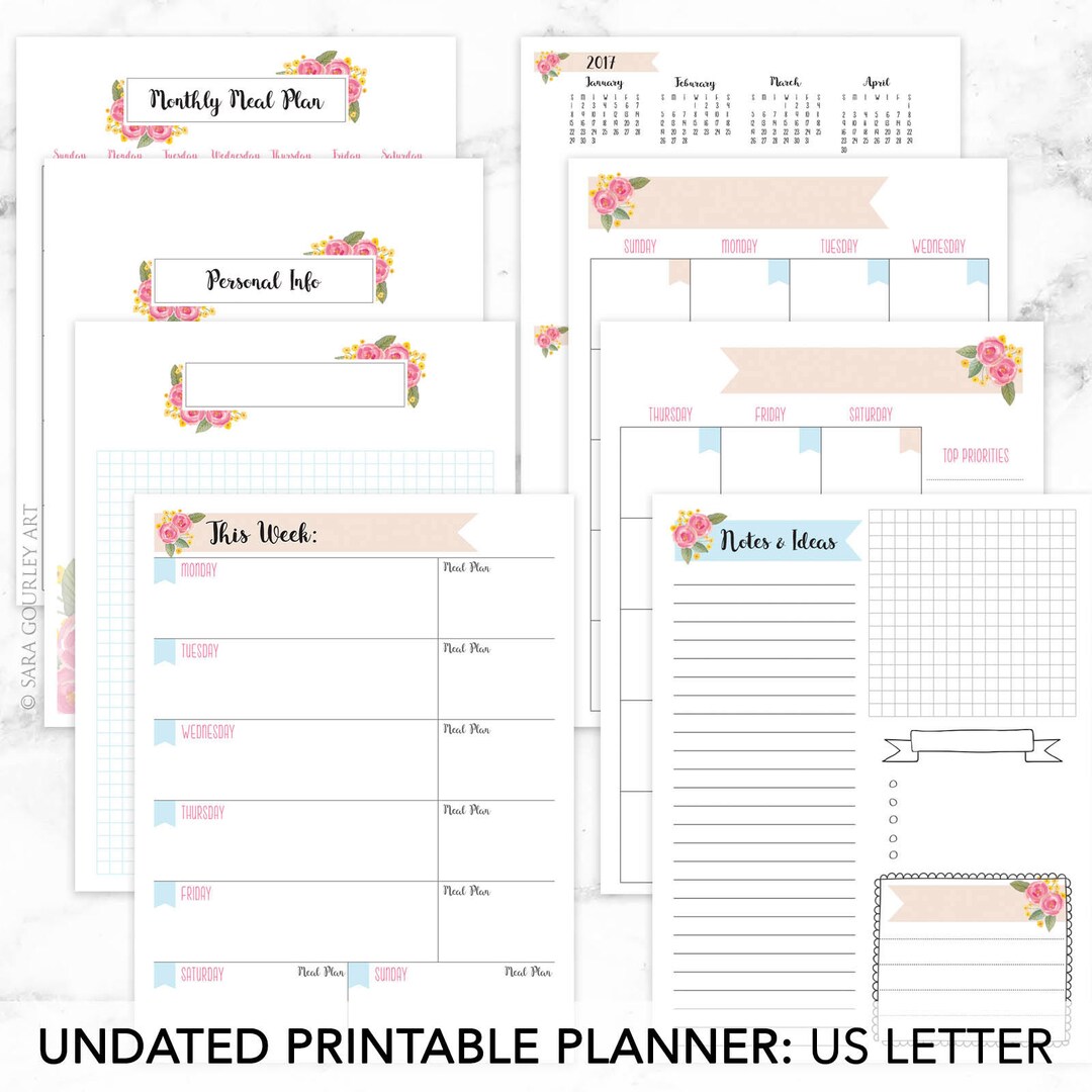 Undated Planner, Printable, Floral, Hand Lettered, Digital Download ...