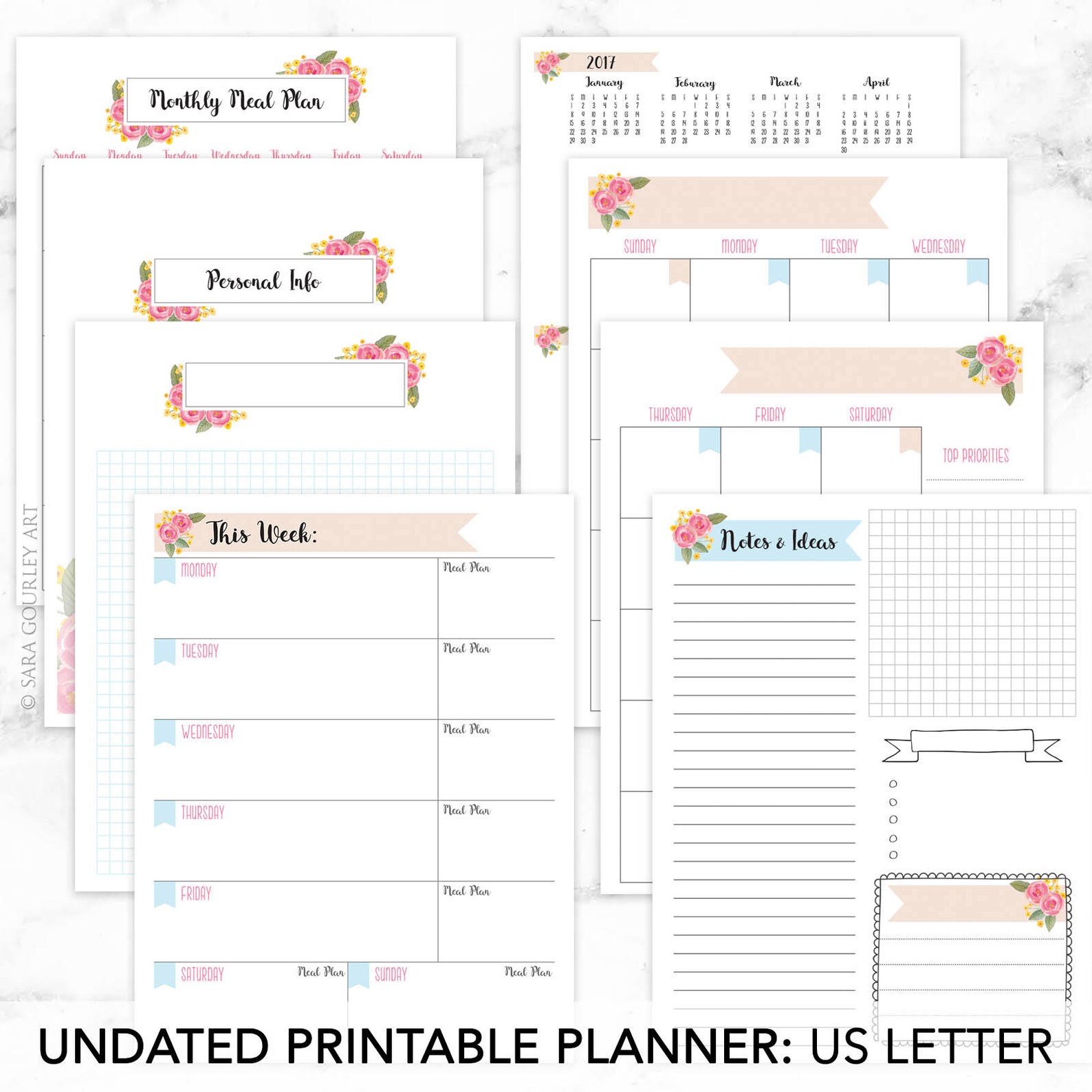 Undated Planner Printable Floral Hand Lettered Digital | Etsy