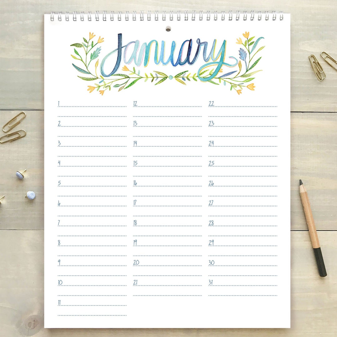 Large Floral Watercolor Birthday Calendar, 8.5x11 Perpetual Calendar ...