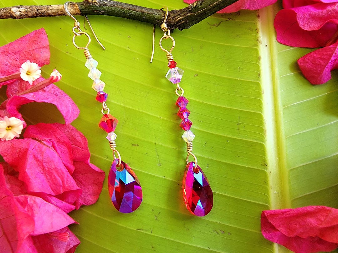 THE PINK PANTHER Swarovski Crystal Dangle Earrings Raspberry Crystal ...