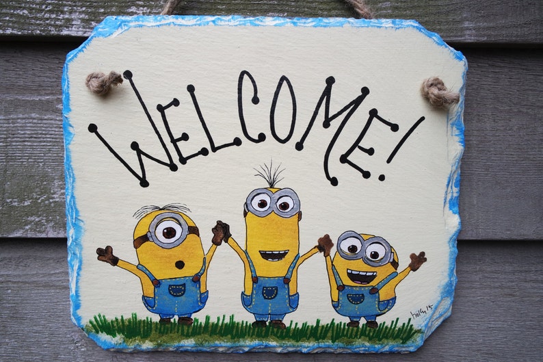 Minions Despicable Me hand painted Welcome Wall-hanging Slate | Etsy
