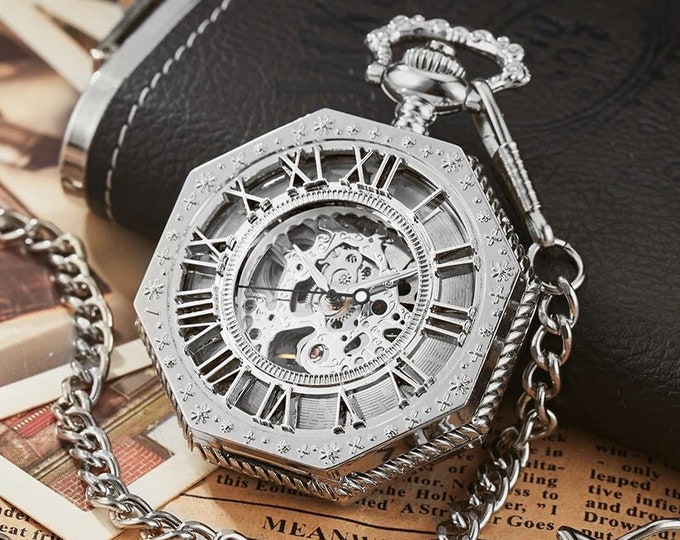 Silver Pocket Watch, Octagon Pocket Watch, Steampunk Pocket Watch ...