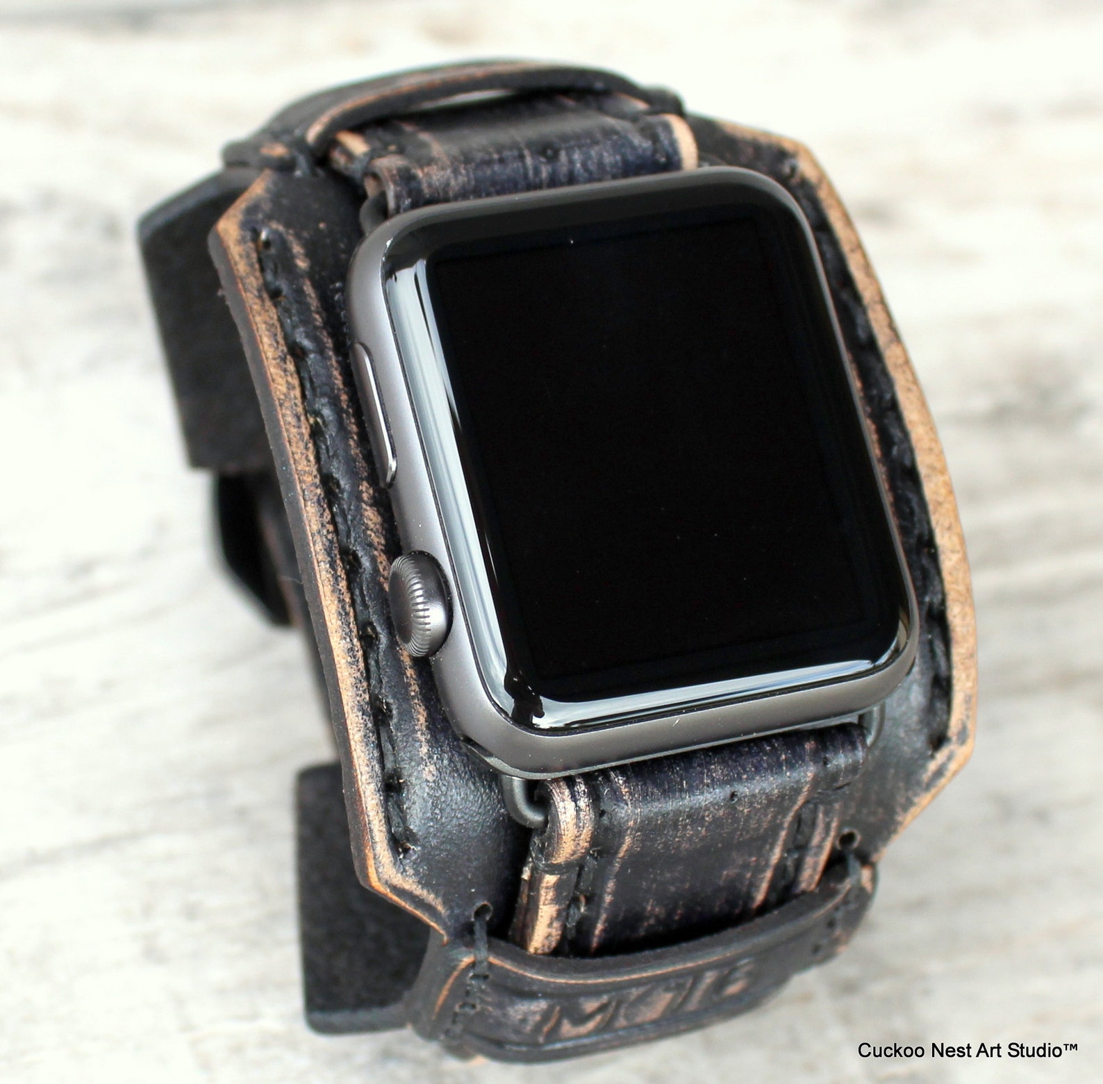 Black Leather Apple Watch Band Men's Apple Watch Cuff | Etsy