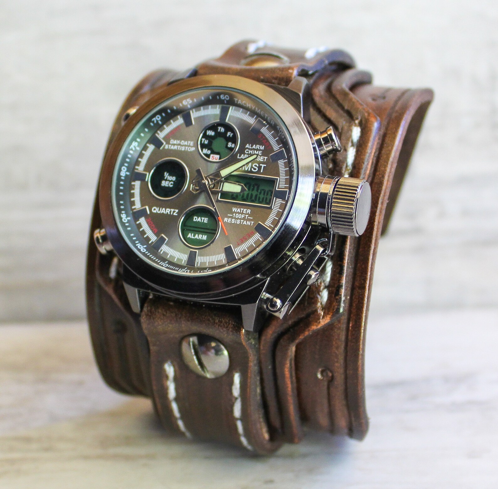 Leather Watch Digital Watch Brown Leather Wrist Watch Wide - Etsy