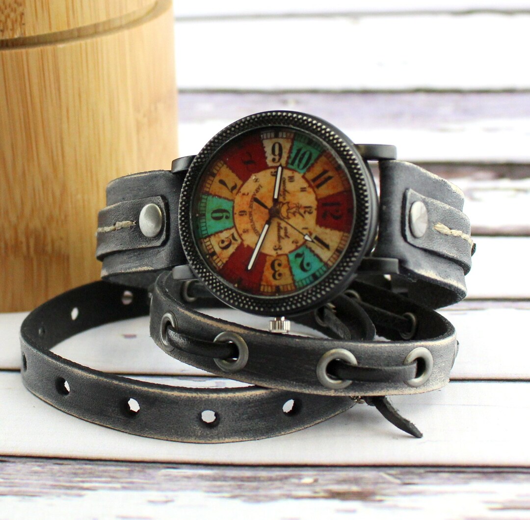 Black Leather Wrap Watch, Bohemian Women's Wrap Around Watch, Wrist ...