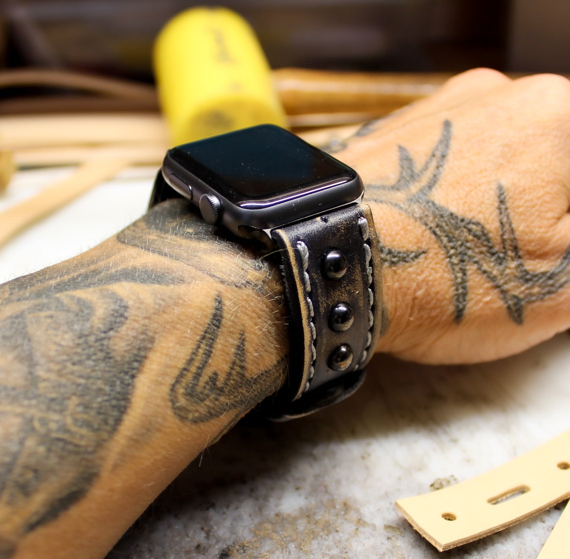 Black Leather Apple Watch Band Studded Apple Watch Strap | Etsy