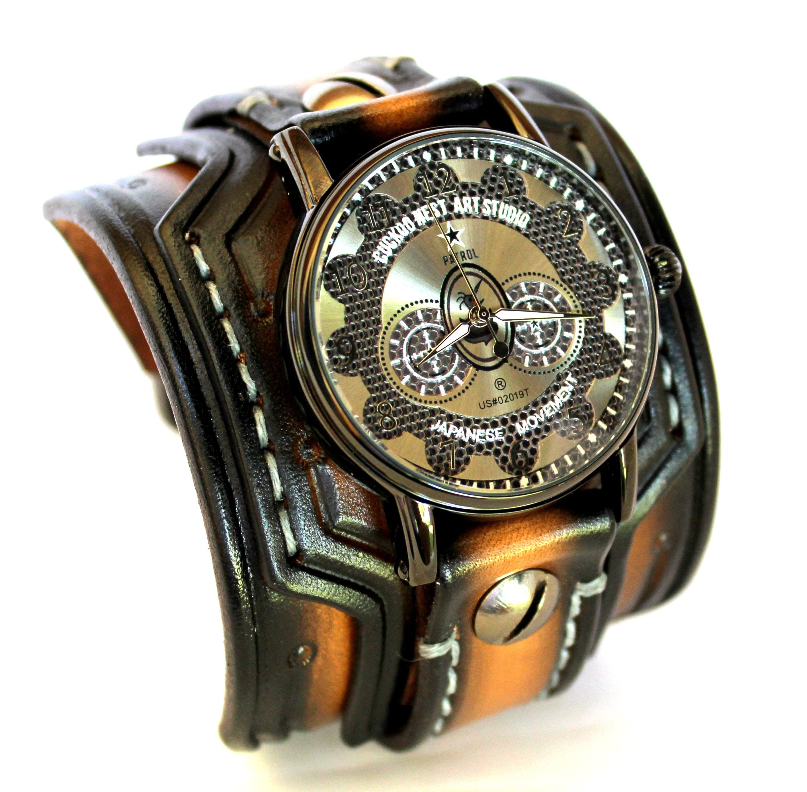 Steampunk leather watch Brown Leather cuff watch Men's | Etsy