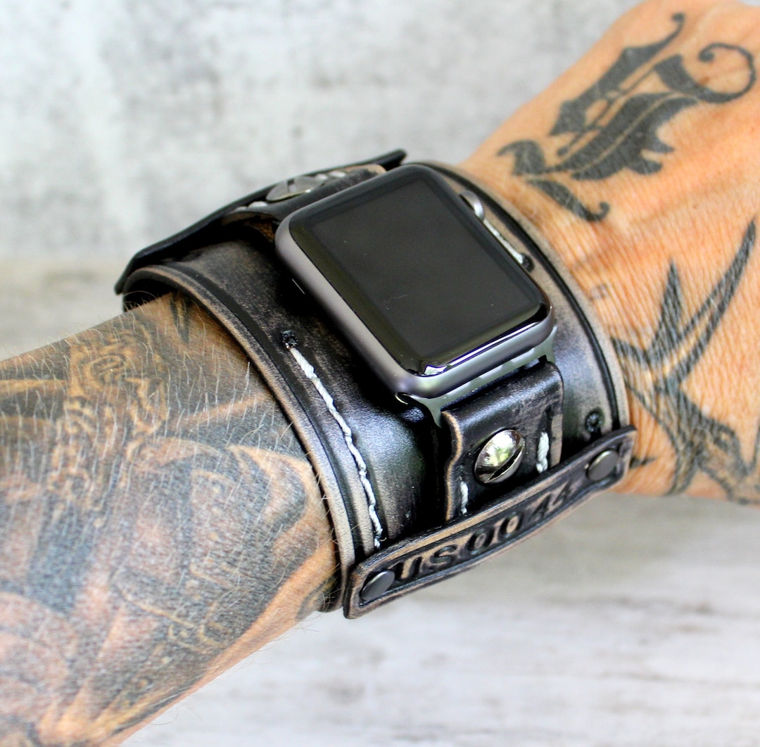 Black Leather Apple Watch Band, Leather Apple Watch Cuff Wide Apple Watch Strap Premium Black ...