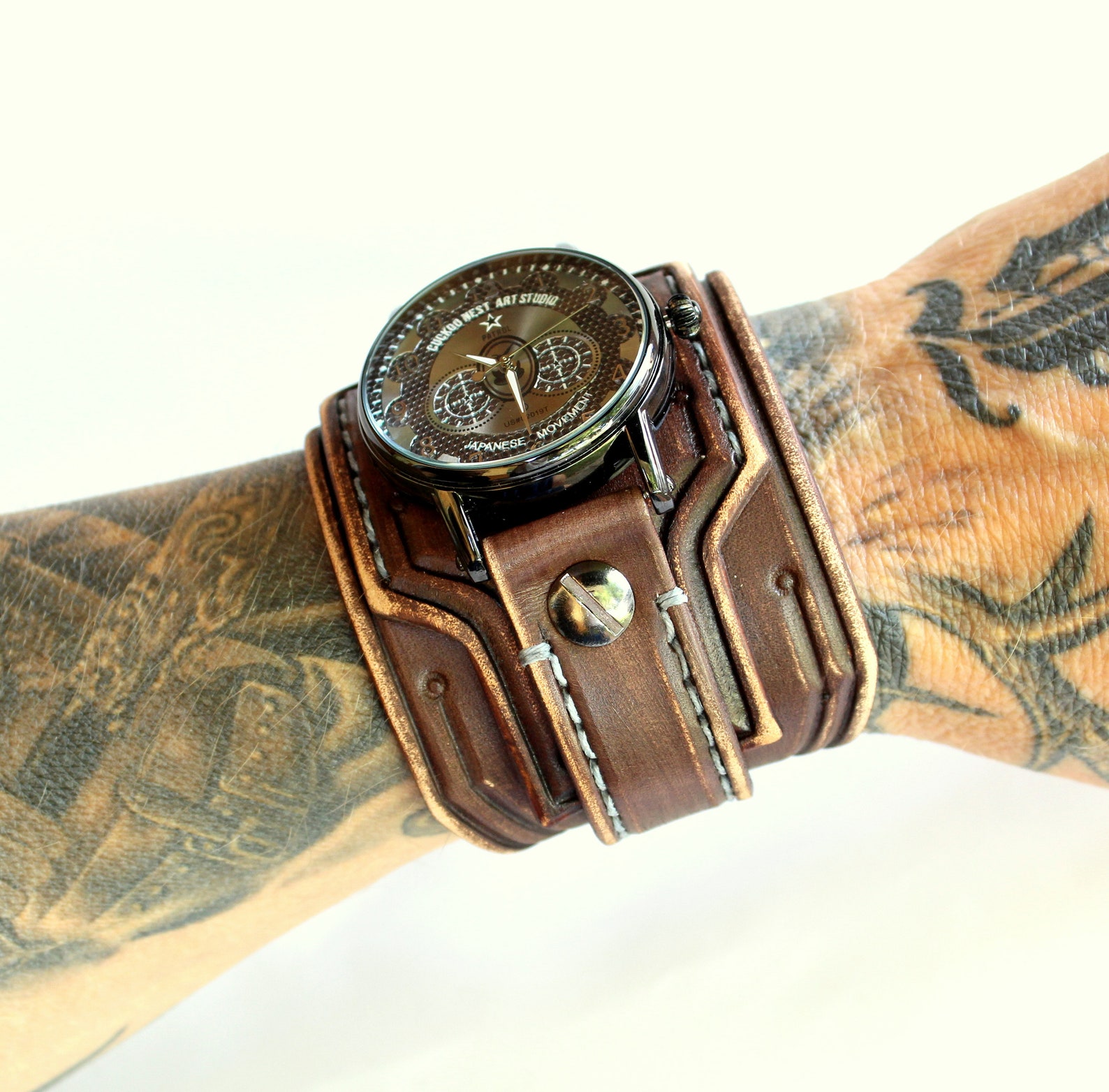 Men's leather watch Leather watch cuff Leather bracelet | Etsy