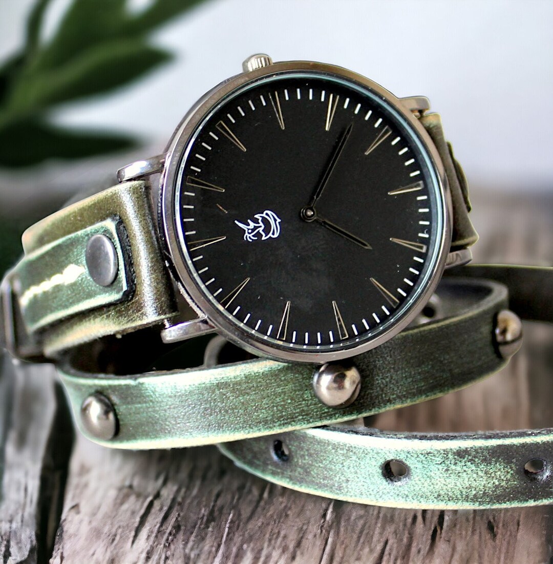 Green Leather Wrap Watch With Gunmetal Rivets, Women's Wrap Around ...