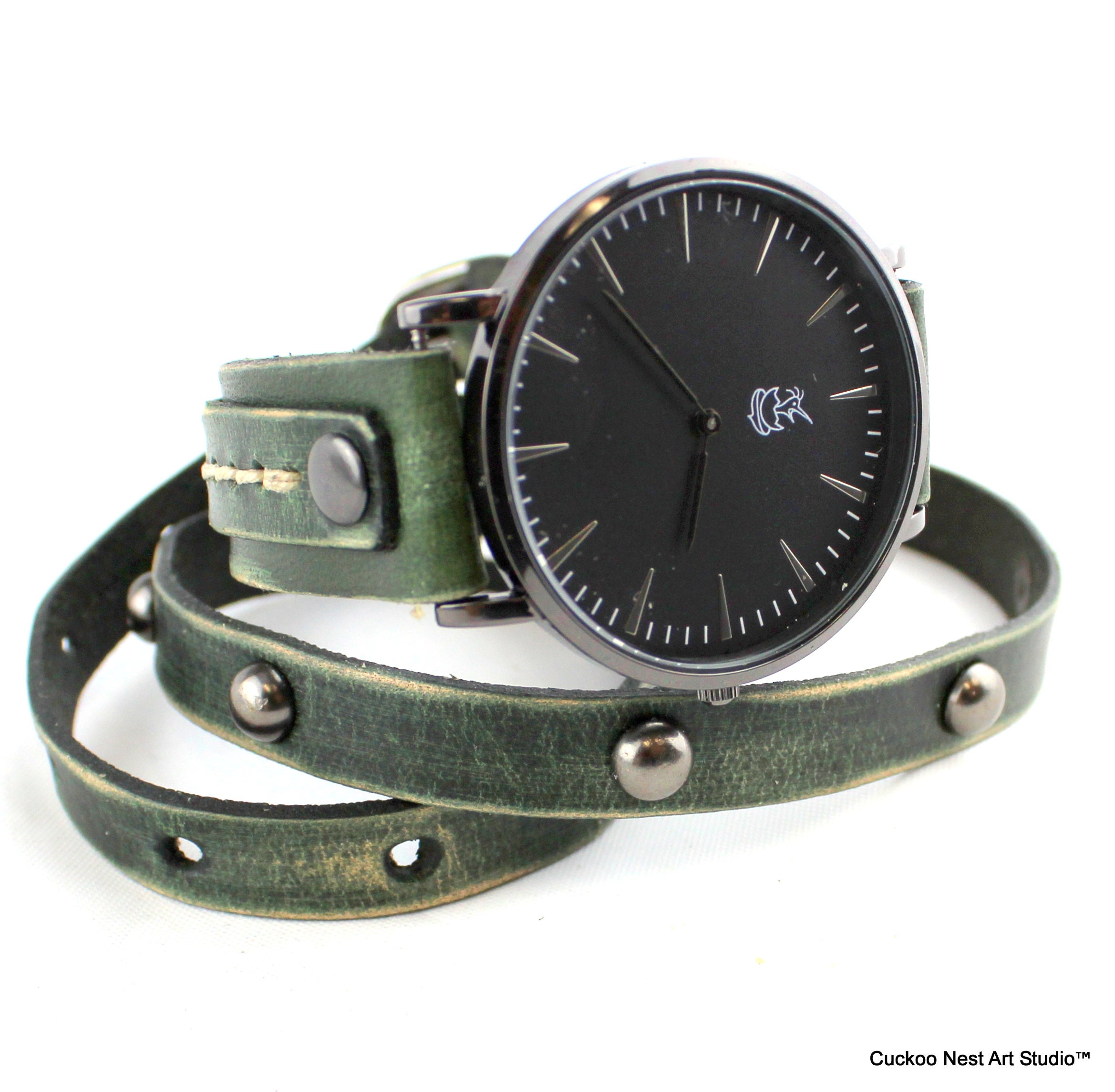 Green leather wrap watch with gunmetal rivets Women's | Etsy