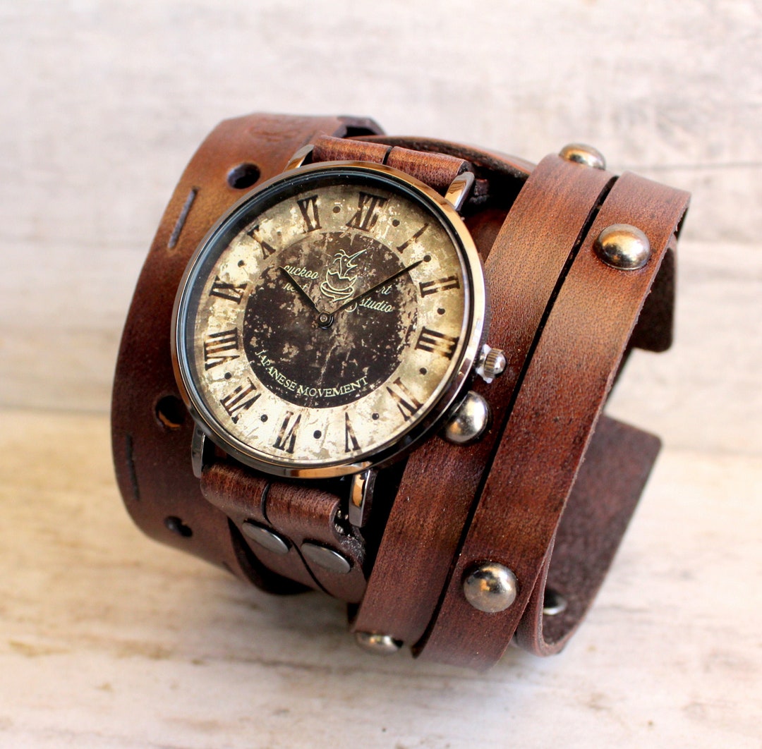 Men's Leather Watch, Steampunk Watch, Vintage Custom Leather Cuff, Men ...